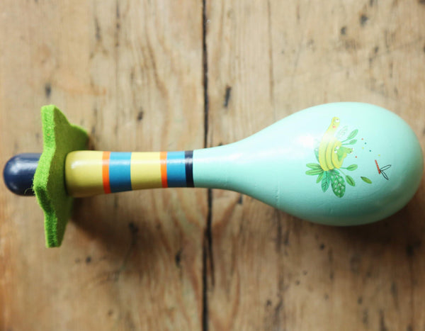Wooden Maraca in the Jungle Blue - Loula and Deer